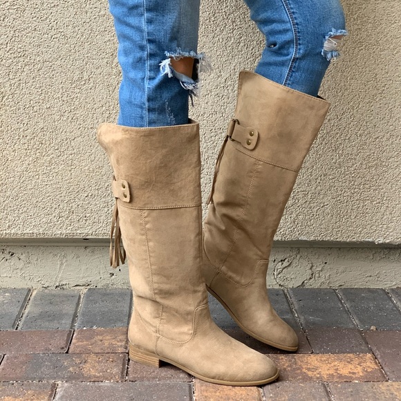 BC Footwear | Shoes | Distressed Knee High Tassel Back Flat Boots ...